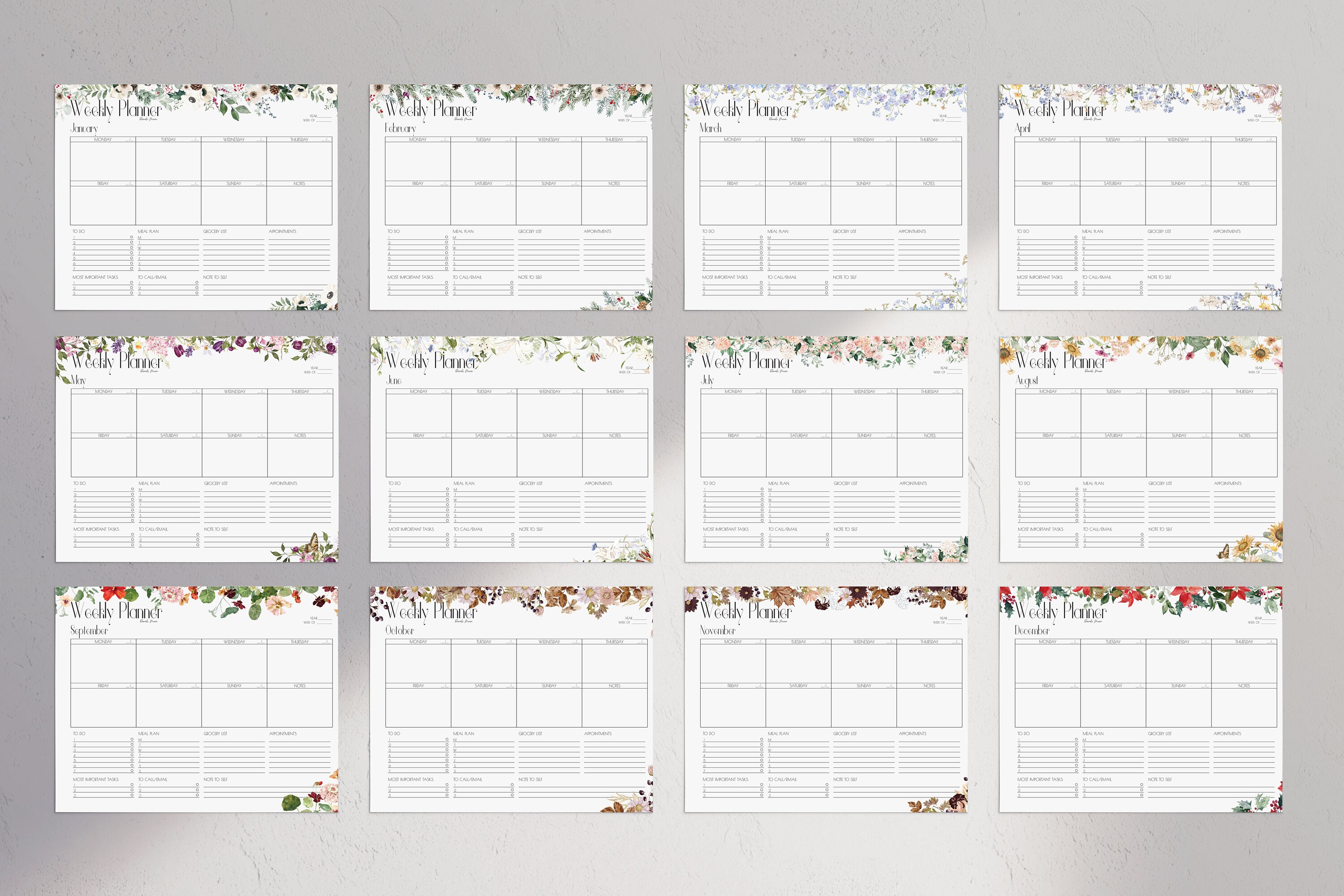 Weekly Planner Printable PDF - Undated 12 Months Weekly Planner Bundle ...