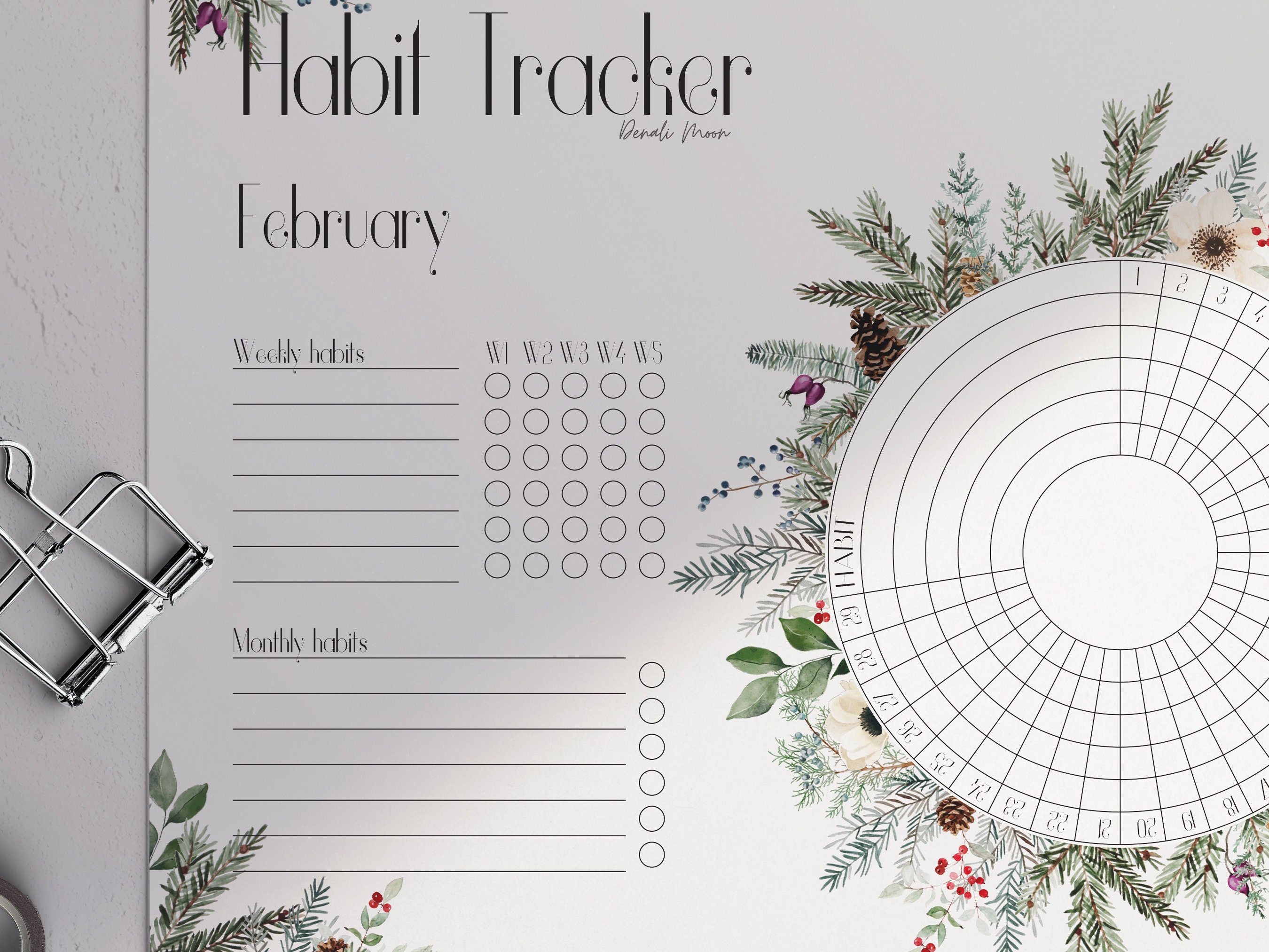 Habit Tracker Printable PDF 12 Month Circle Habit Planner Bundle Botanical Design US Letter Size ...