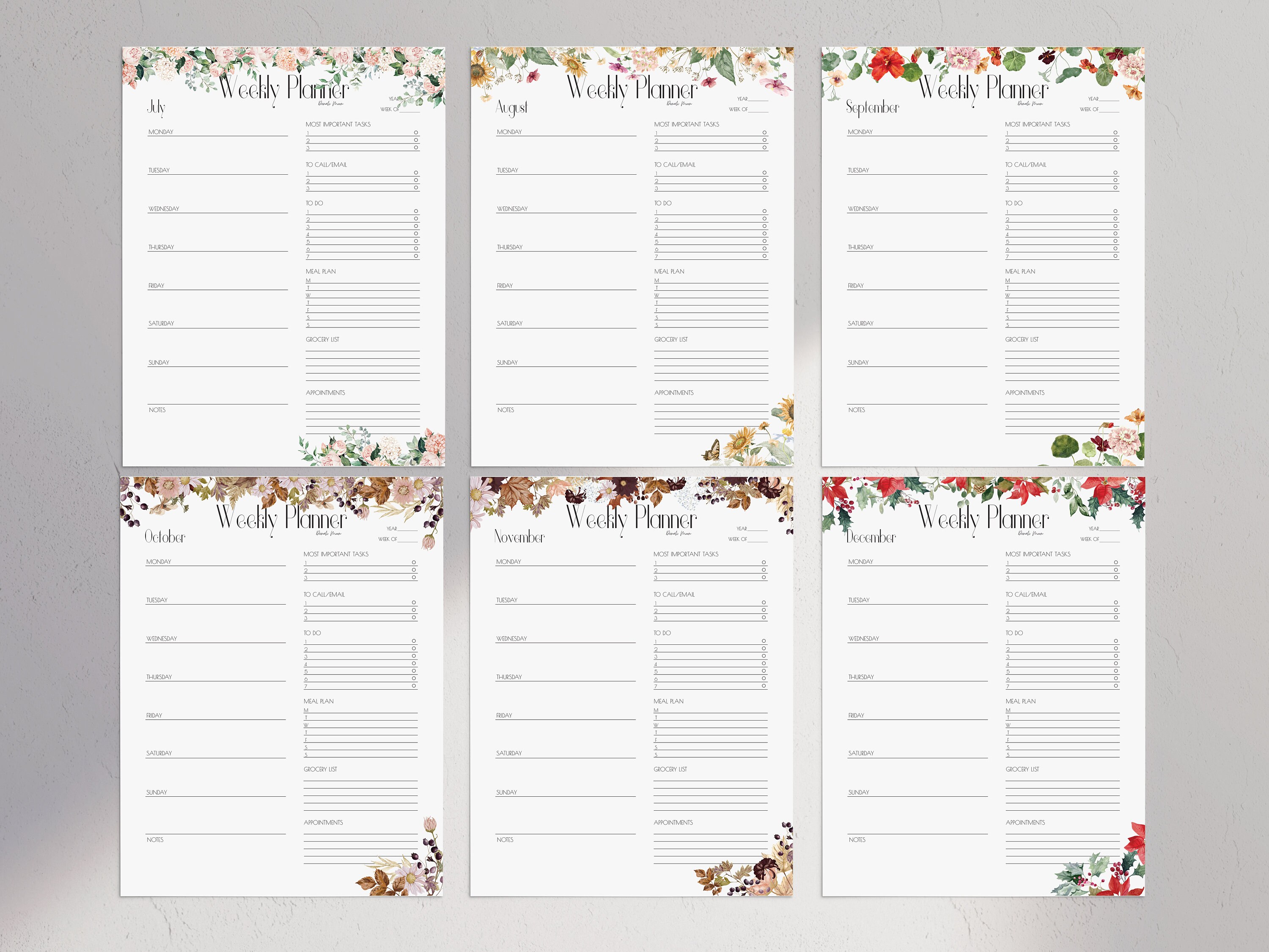 Weekly Planner Printable PDF - Undated 12 Months Weekly Planner Bundle ...