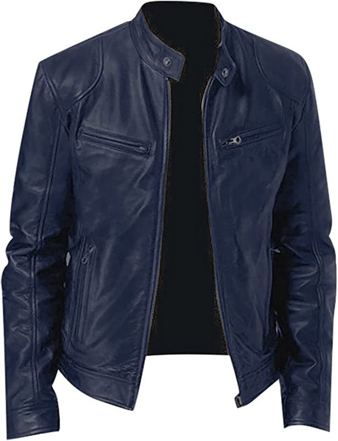 Biker Style Navy Blue Leather Jacket Real Leather Length - Etsy