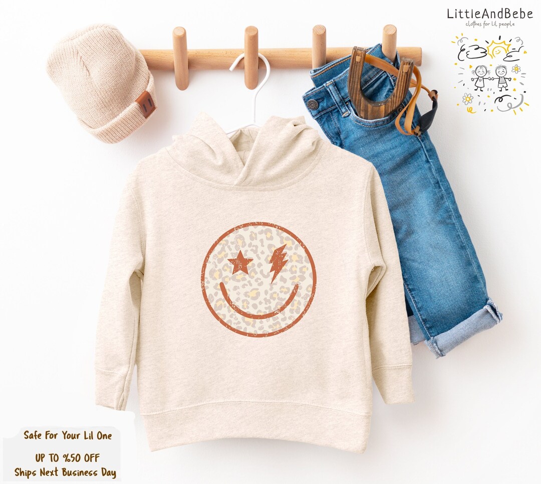 Smiley Face Hoodie for Girls, Retro Neutral Boho Leopard Smiley Face ...
