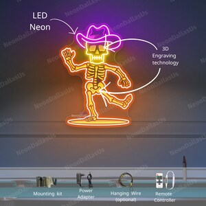 Skull Neon Sign Cowboy Skeleton Sign Funny Western Decor for Halloween ...