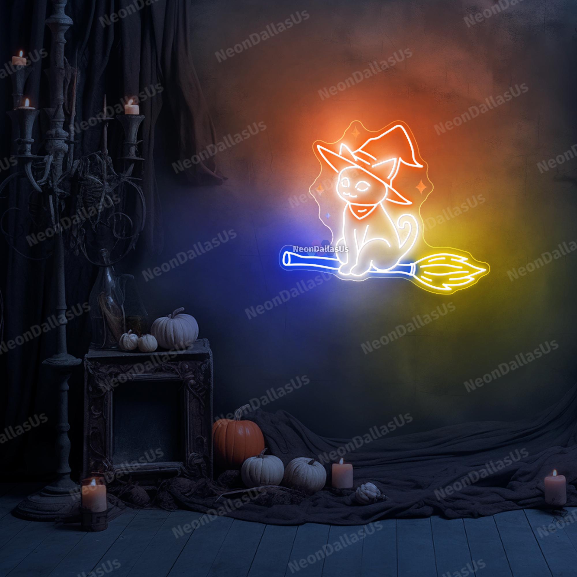 Halloween Cat Ride Broom Neon Sign Halloween Cat Witch Hat Witch LED ...