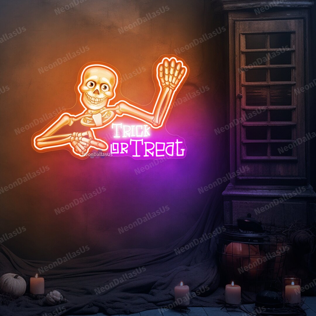 Halloween Skeleton Neon Sign Trick or Treat LED Light Halloween Decor ...