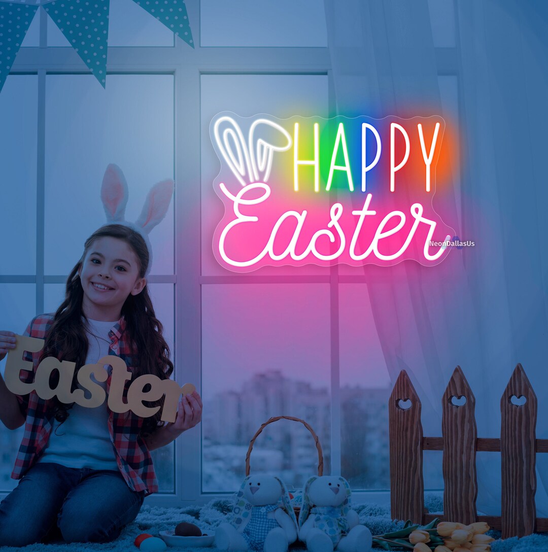 Happy Easter Neon Sign Custom Easter Party Cute Rabbit Bunny LED Neon ...
