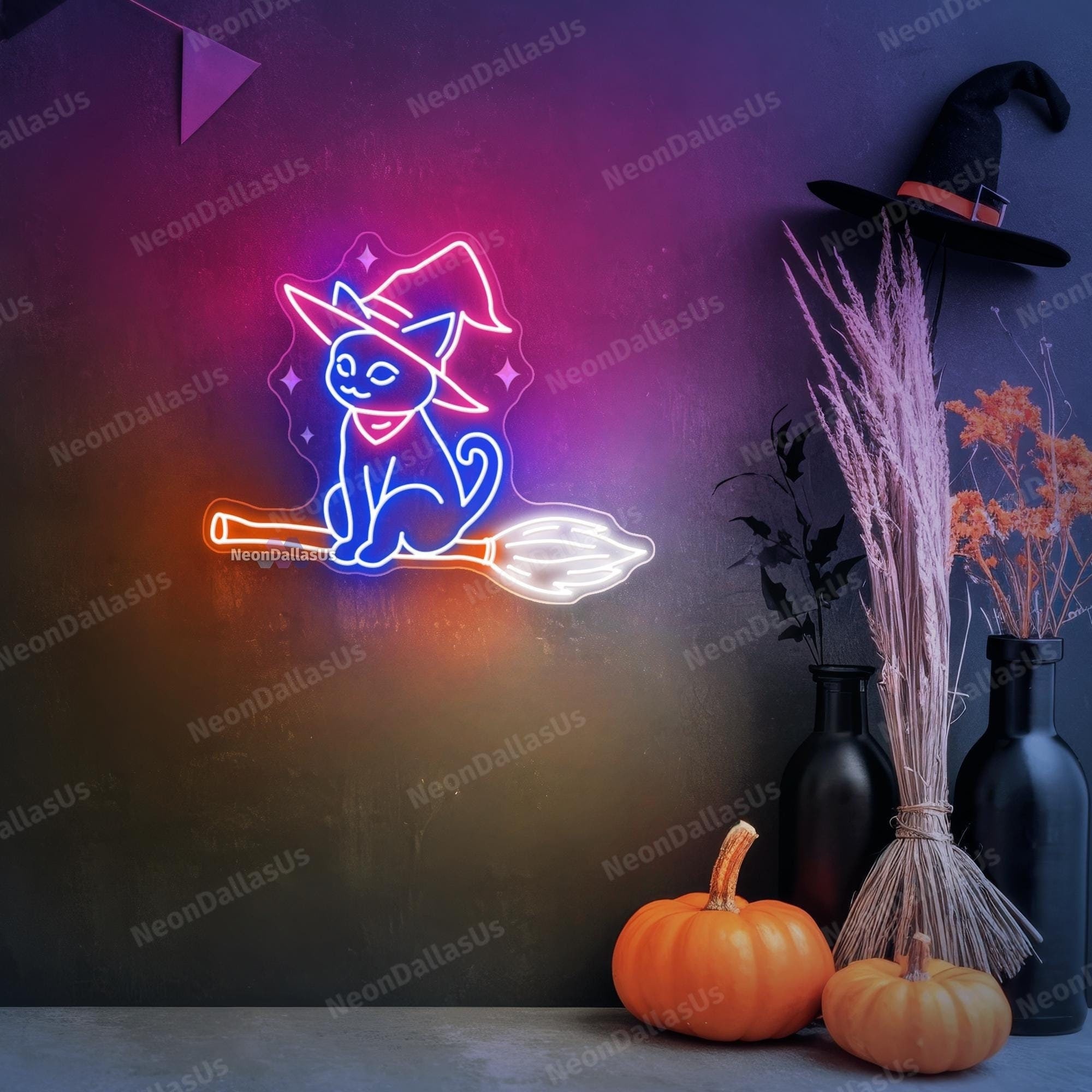 Halloween Cat Ride Broom Neon Sign Halloween Cat Witch Hat Witch LED ...