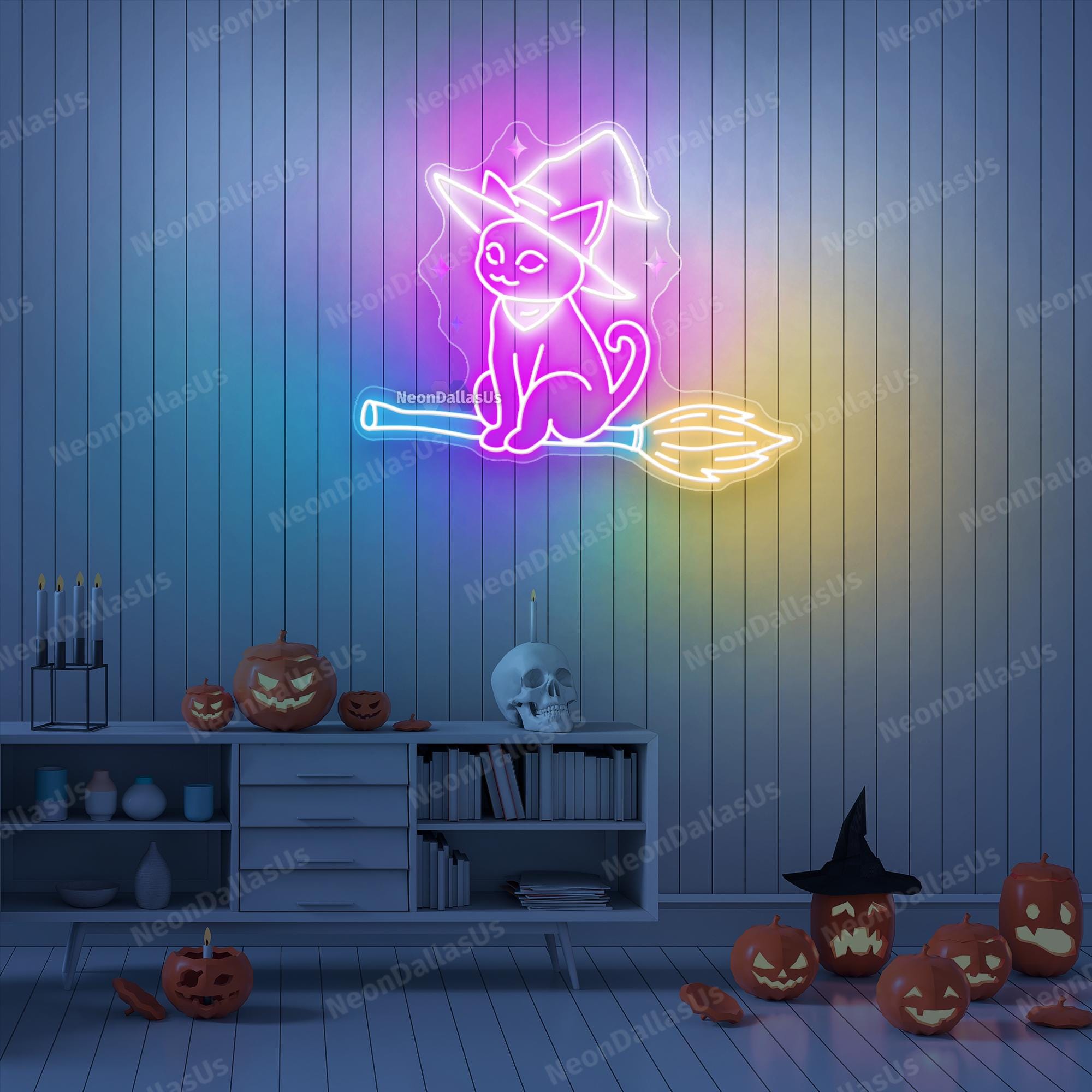 Halloween Cat Ride Broom Neon Sign Halloween Cat Witch Hat Witch LED ...