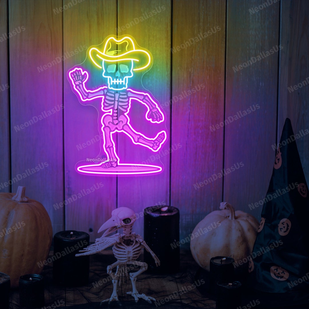 Skull Neon Sign Cowboy Skeleton Sign Funny Western Decor for Halloween ...
