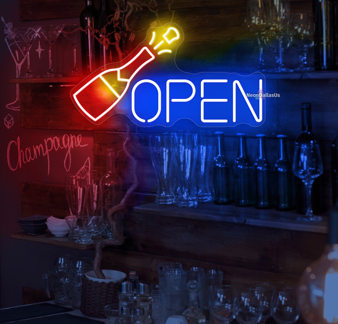 Champagne Neon Sign Champagne Open Neon Light Open Bar Party Champagne ...