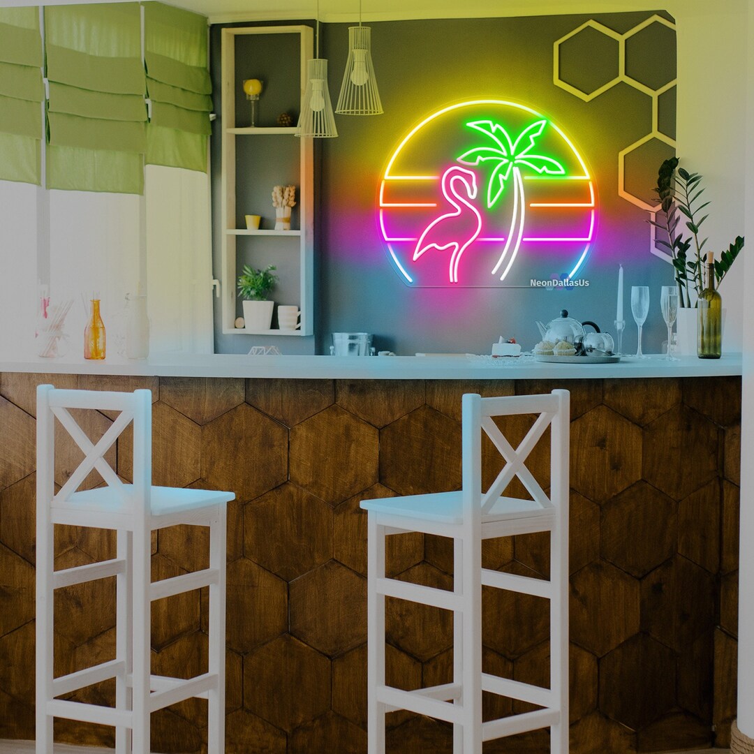 Flamingo Neon Sign Palm Tree Neon Sign, Flamingo Decor Beach House Sign ...