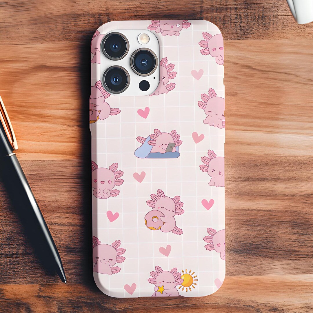 Cute Axolotl Phone Case, Kawaii Tough Case, Pink Heart Design, Gift for ...