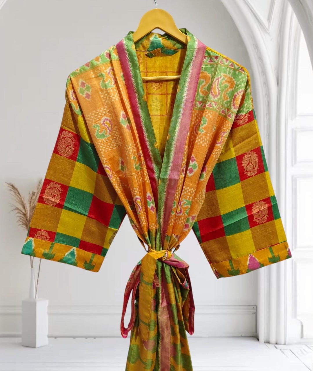 Printed Silk Sari Kimono Robe, Indian Tunic Wrap Dress B-5102 - Etsy
