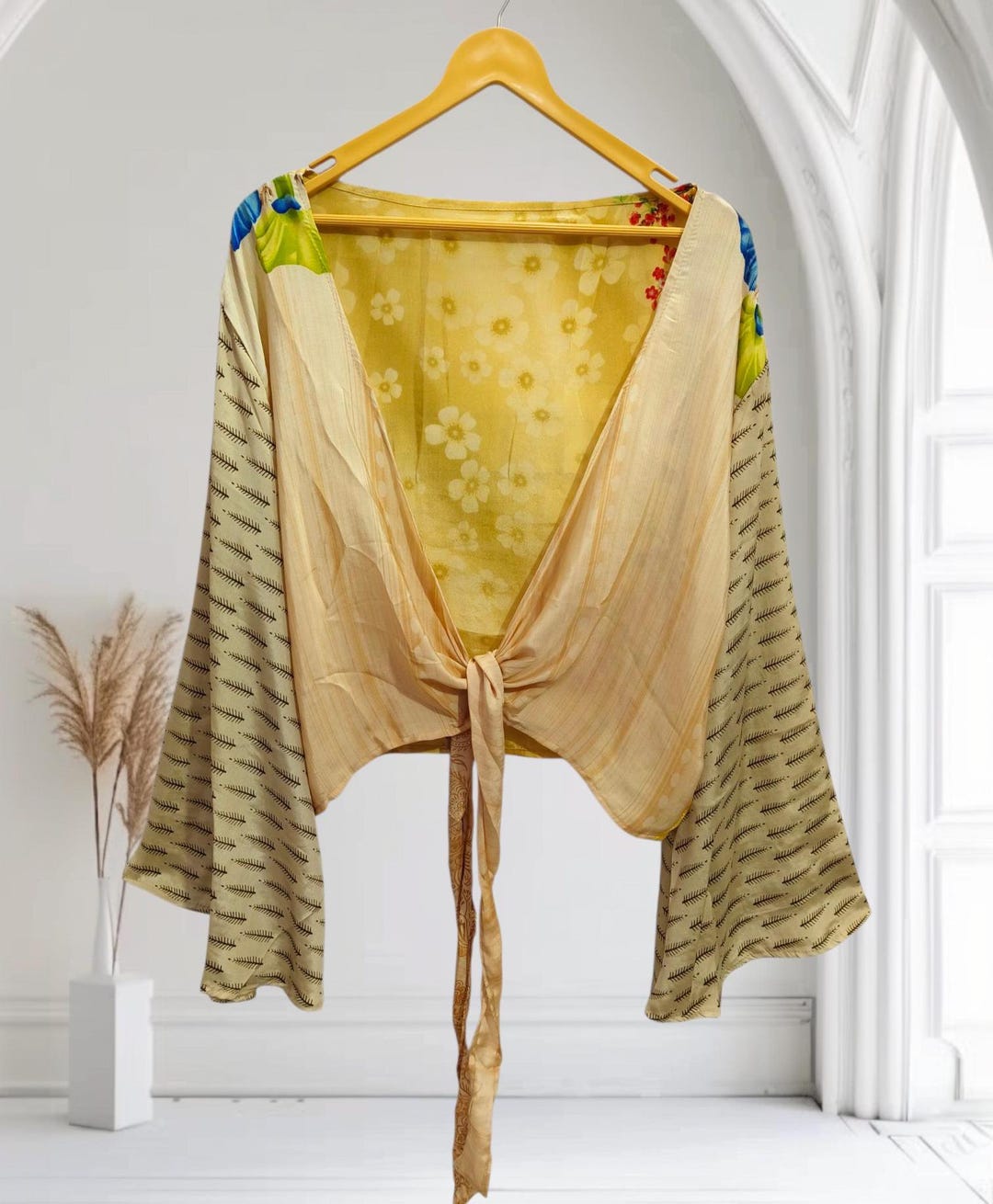 Hippie Front Tie Summer Top Bell Sleeve Crop Top Silk Tie Top, Handmade ...