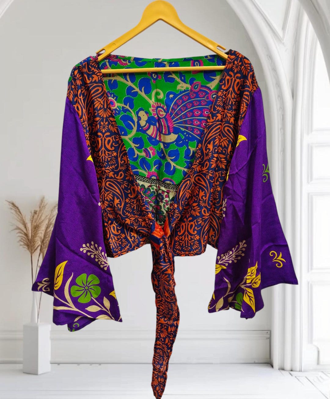 Sari Silk Tie Top, Bell Sleeves, Hippie Crop Top ETP-156 - Etsy