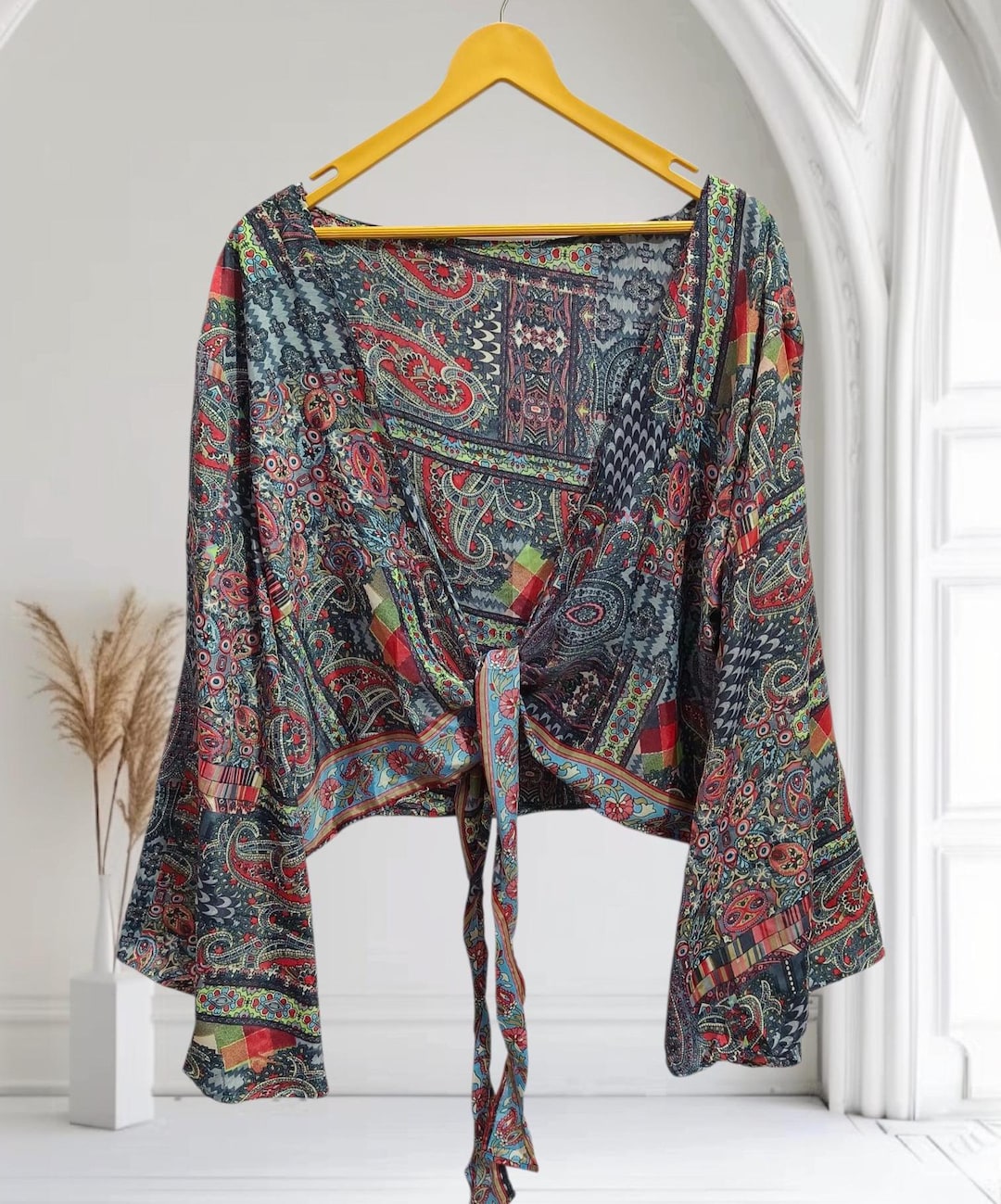 Bell Sleeve Silk Crop Top, Indian Tie Front, Handmade Sari Fabric ETP ...