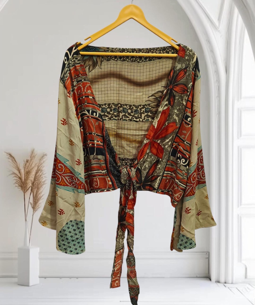 Silk Sari Crop Top, Bell Sleeve Tie Top, Bohemian Style ETP-444 - Etsy