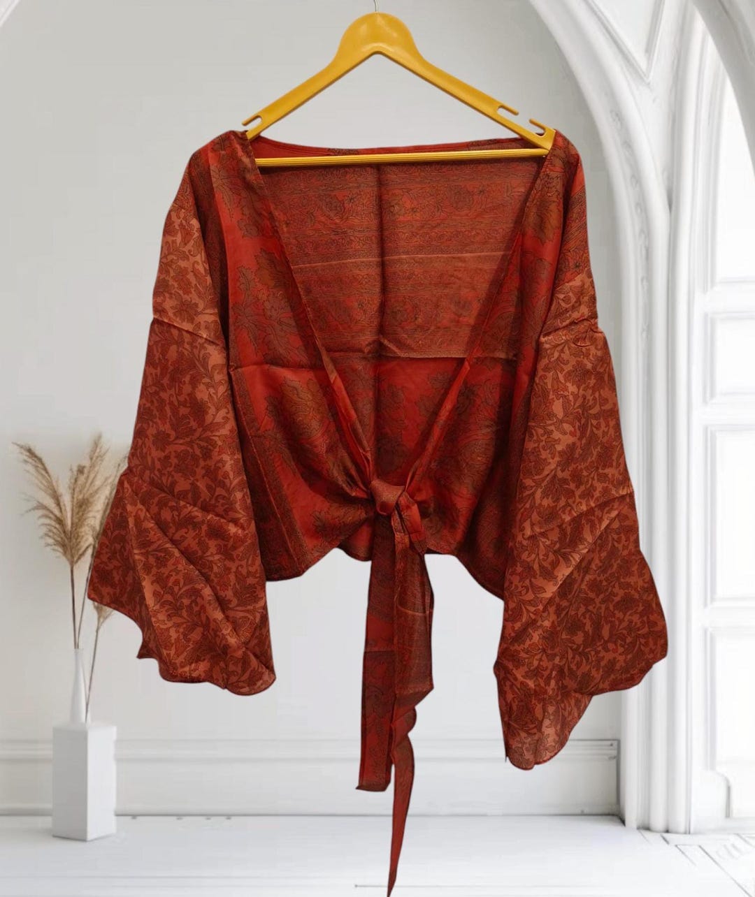 Wrap Around Silk Tunic, Summer Crop Top Bell Sleeve Crop Top Silk Tie ...