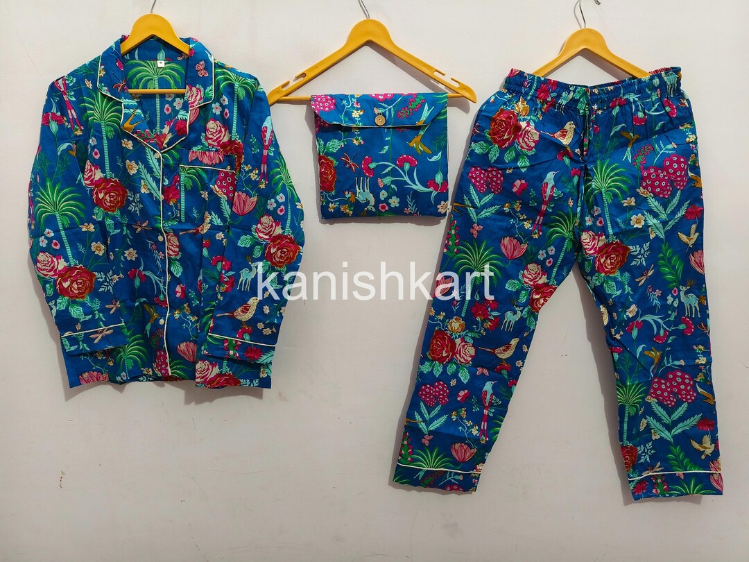 Bird Print Multi Color Floral Print Sleepwear Women's Button up Pajama ...