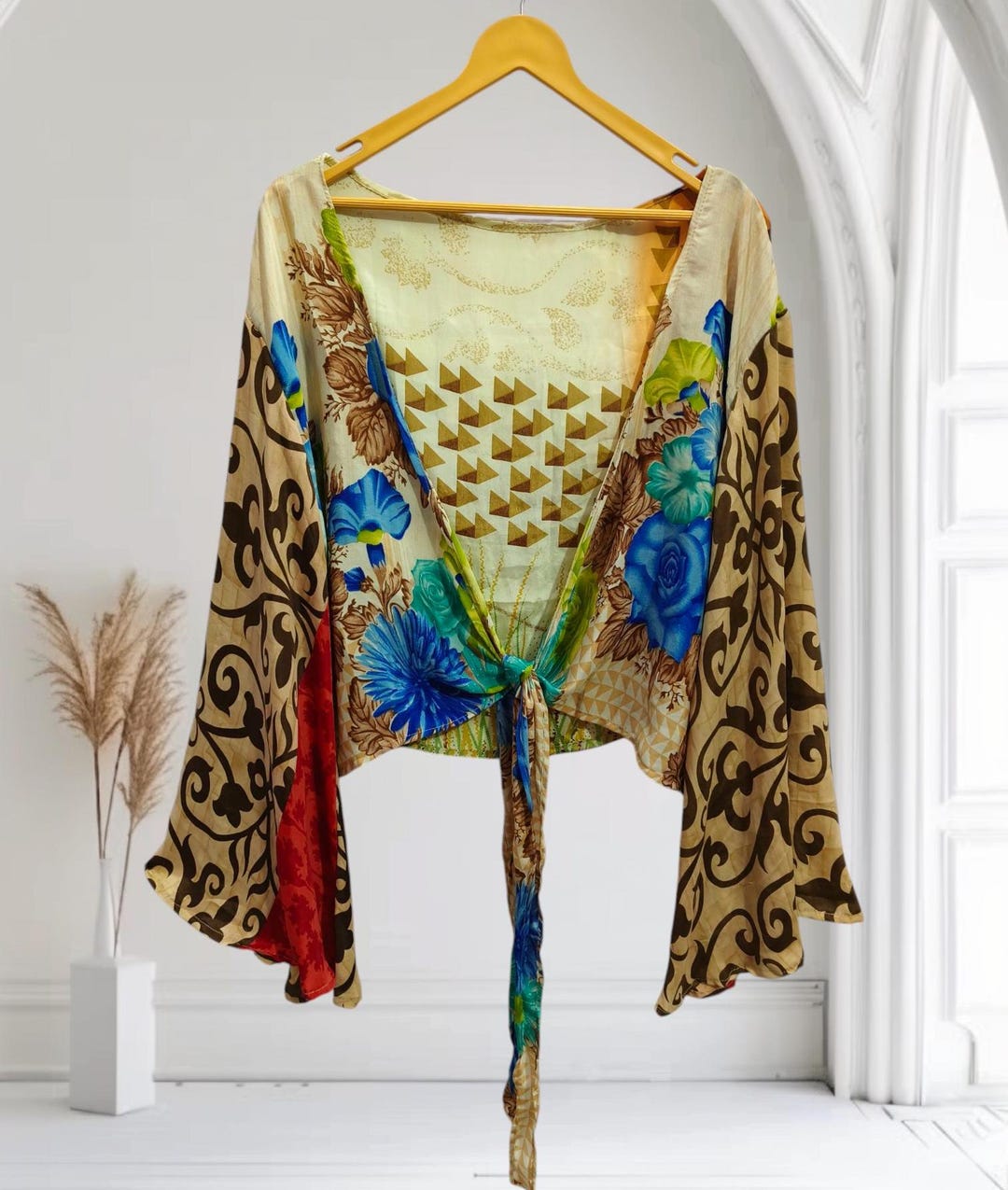 Floral Sari Silk Tie Top, Bell Sleeve Crop Top ETP-358 - Etsy