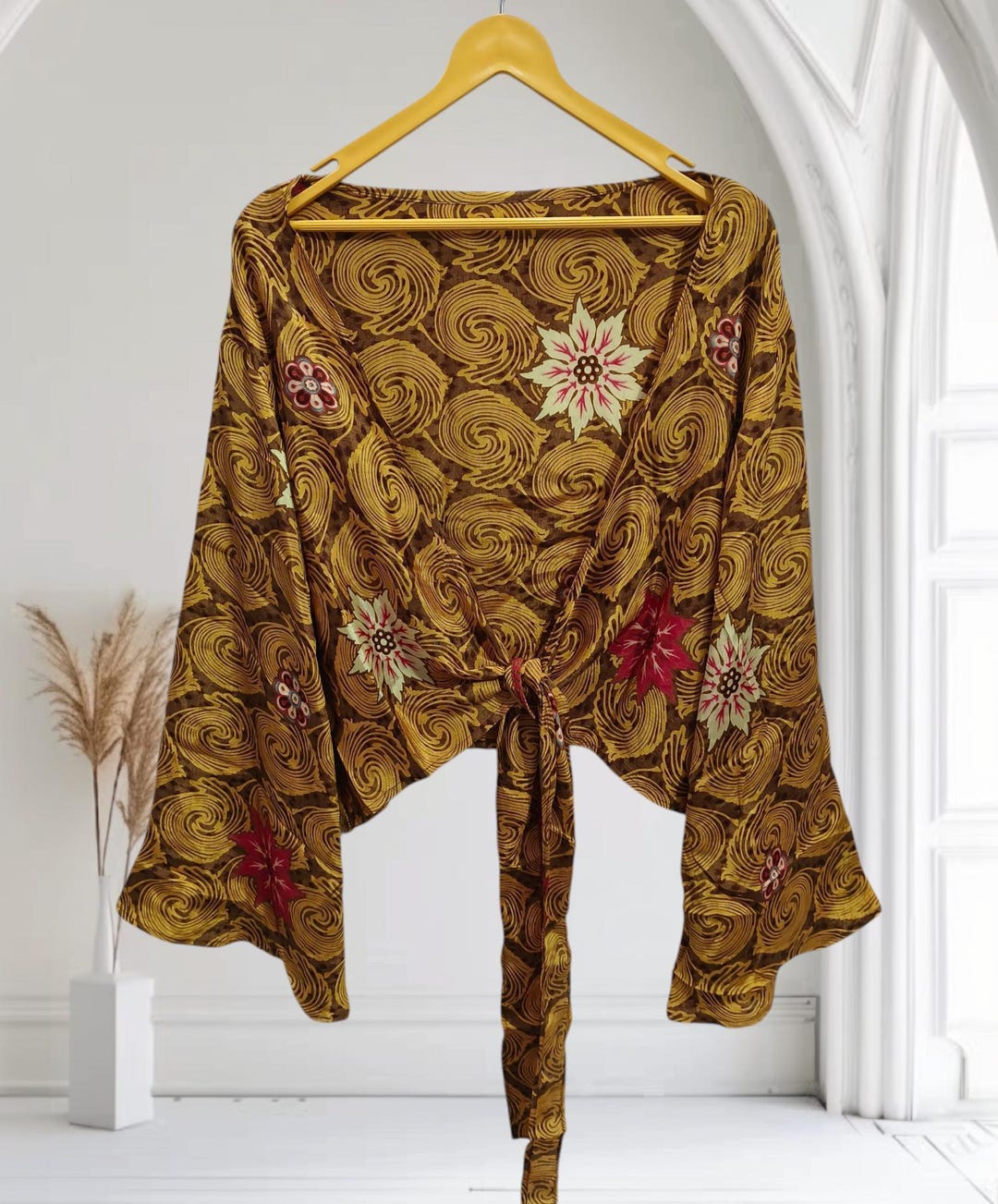 Silk Sari Wrap Top, Bohemian Bell Sleeve Crop Top ETP-446 - Etsy
