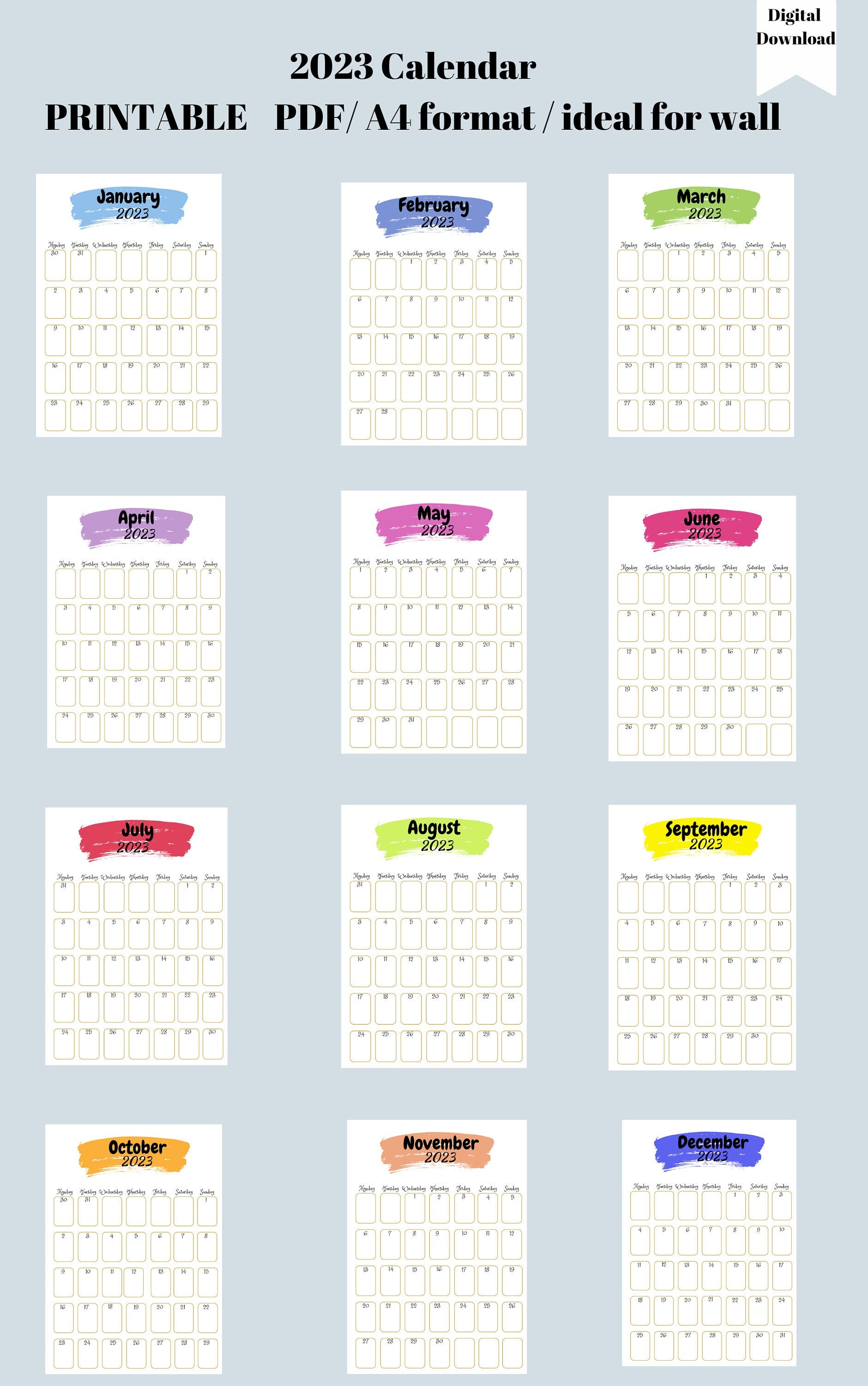 2023 Printable Calendar Monthly Calendar 12 Month Calendar - Etsy