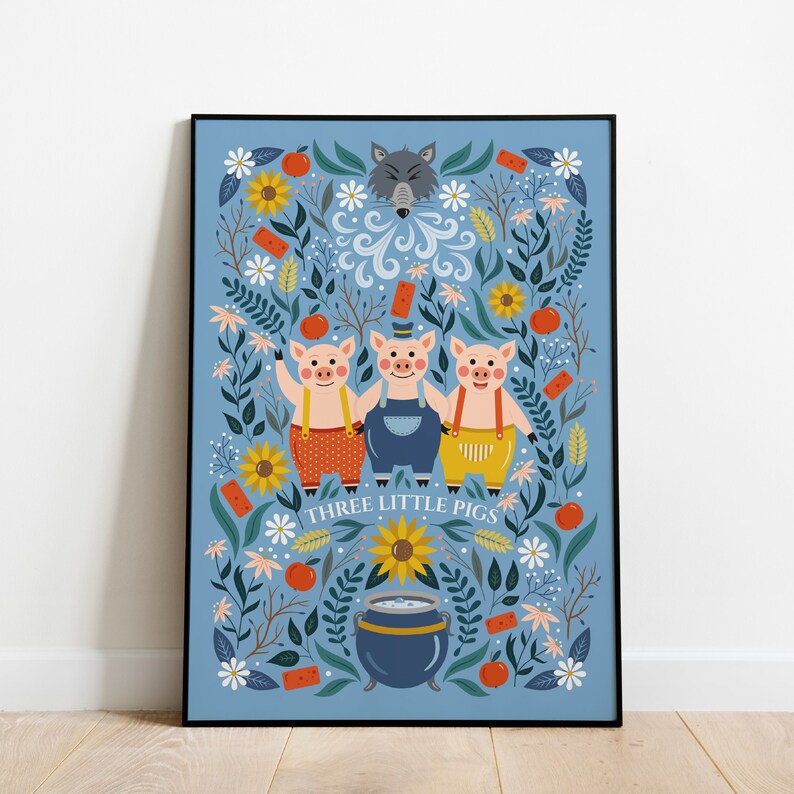 Three Little Pigs Print, Illustration Wall Art, Fairytale Art Print ...