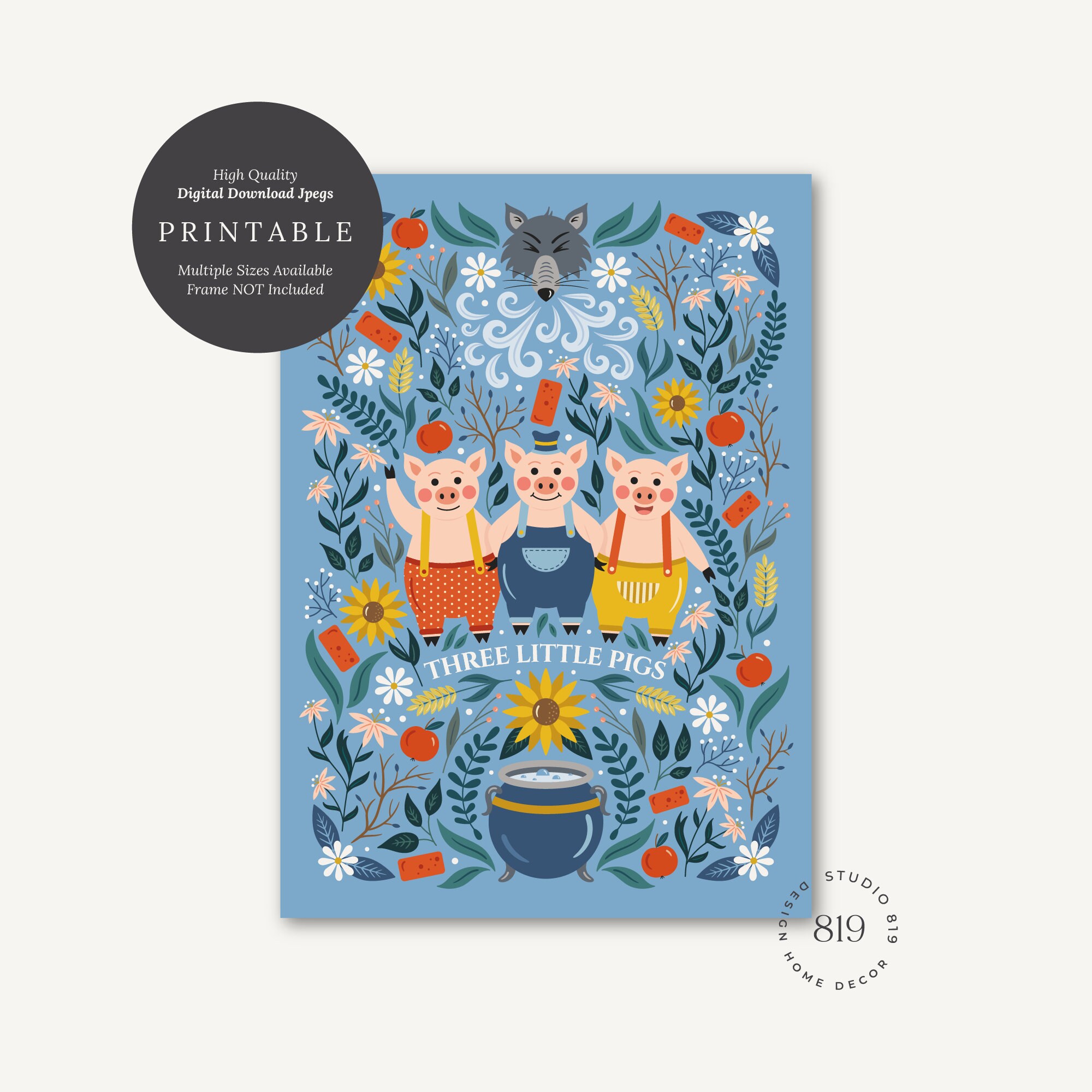 Three Little Pigs Print, Illustration Wall Art, Fairytale Art Print ...