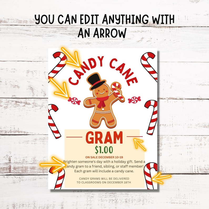 Christmas Candy Cane Gram Template Editable Candy Cane Gram - Etsy