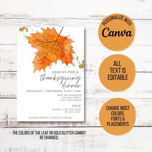 Thanksgiving Orange & Gold Editable Invitation Template, Printable ...