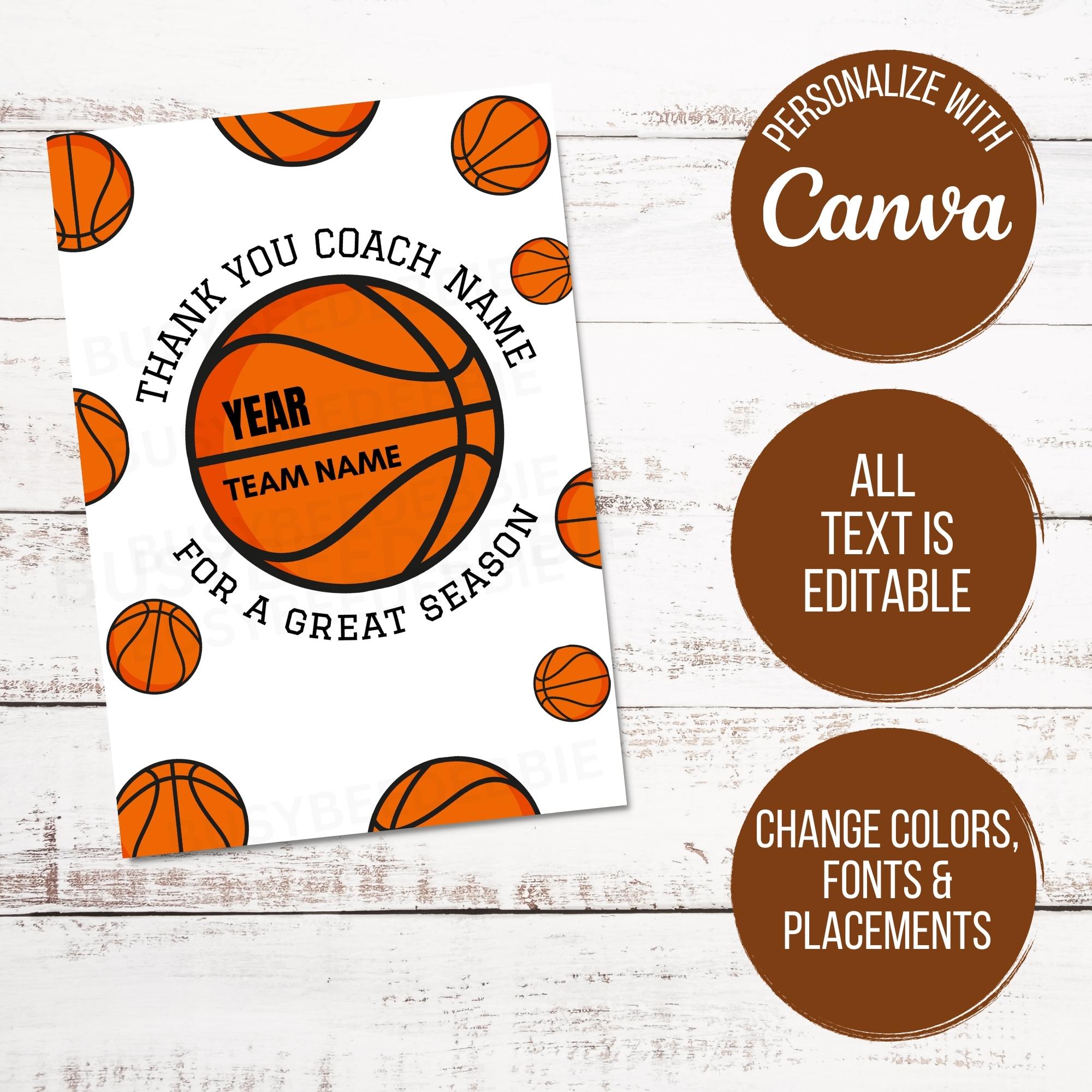 Editable Basketball Coach Thank You Card | Coach Gift | Basketball ...