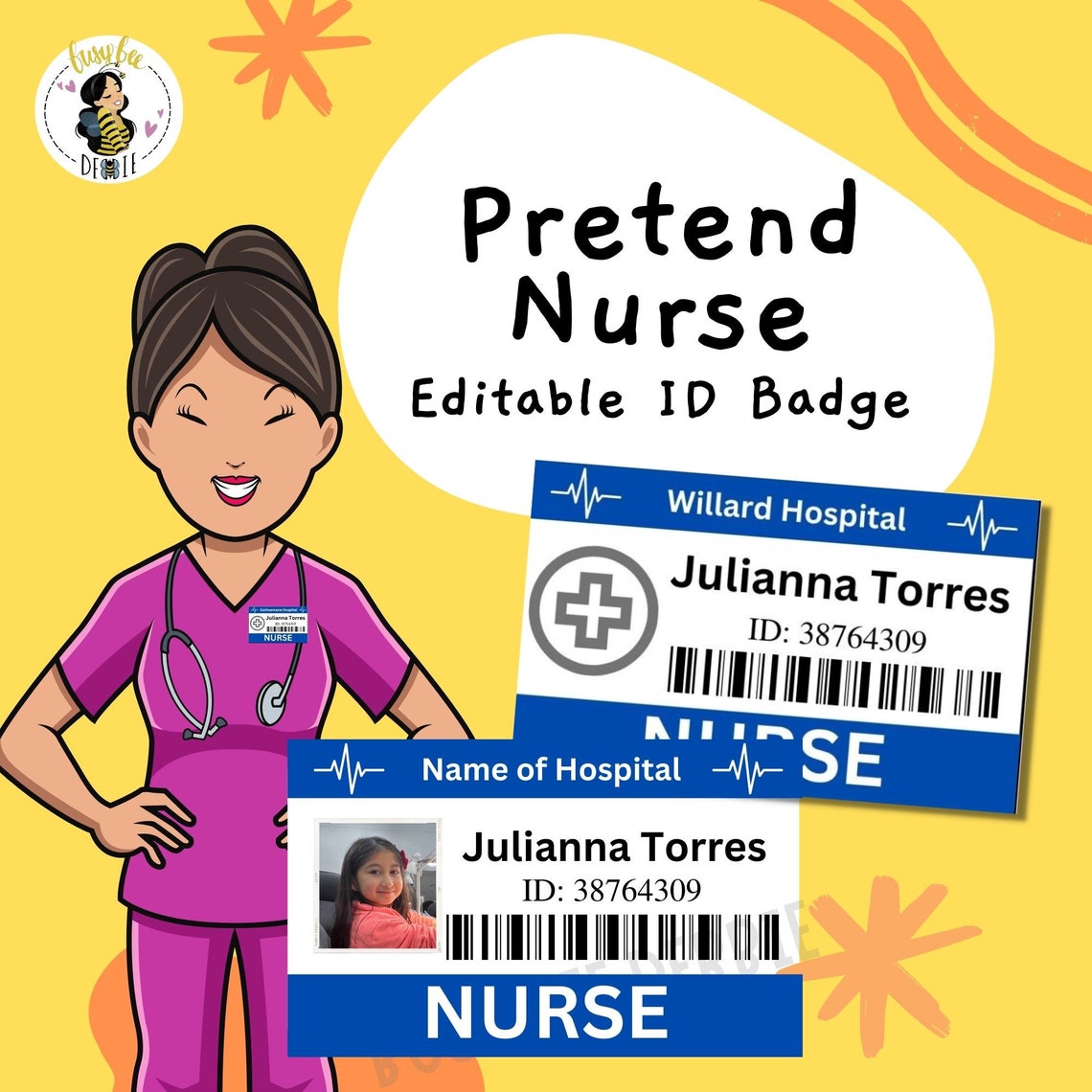 Editable ID Badge for Kids Pretend Nurse Play Medical - Etsy
