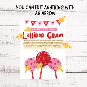 Editable Valentine's Day Lollipop Gram | Candy Gram for Fundraiser ...