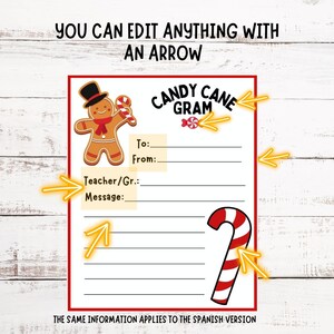 Christmas Candy Cane Gram Template Editable Candy Cane Gram School ...