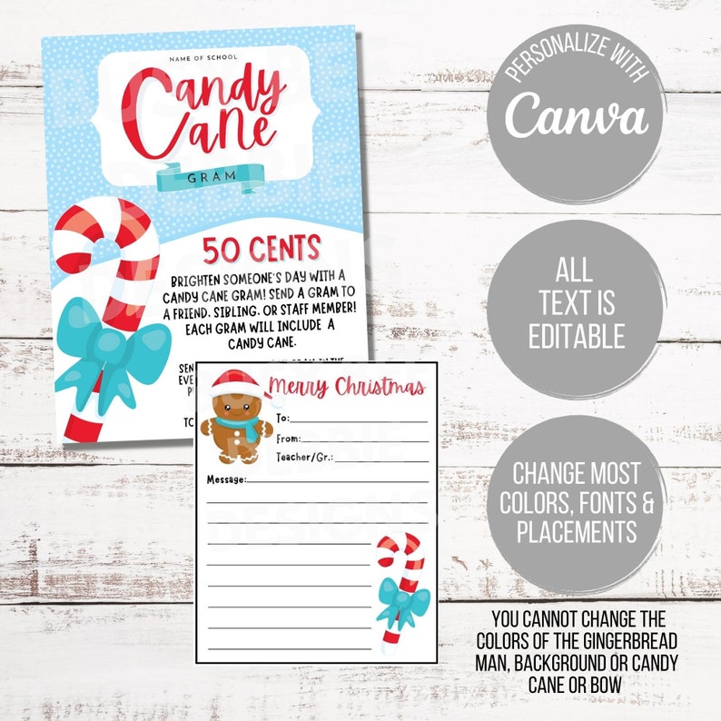 Printable Christmas Candy Cane Gram School Fundraiser Winter - Etsy