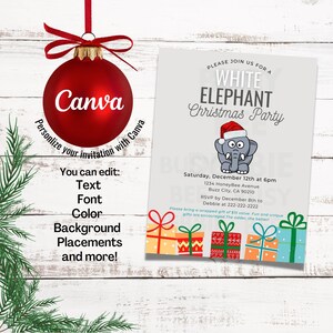 Editable White Elephant Christmas Party Invitation | Holiday Christmas ...