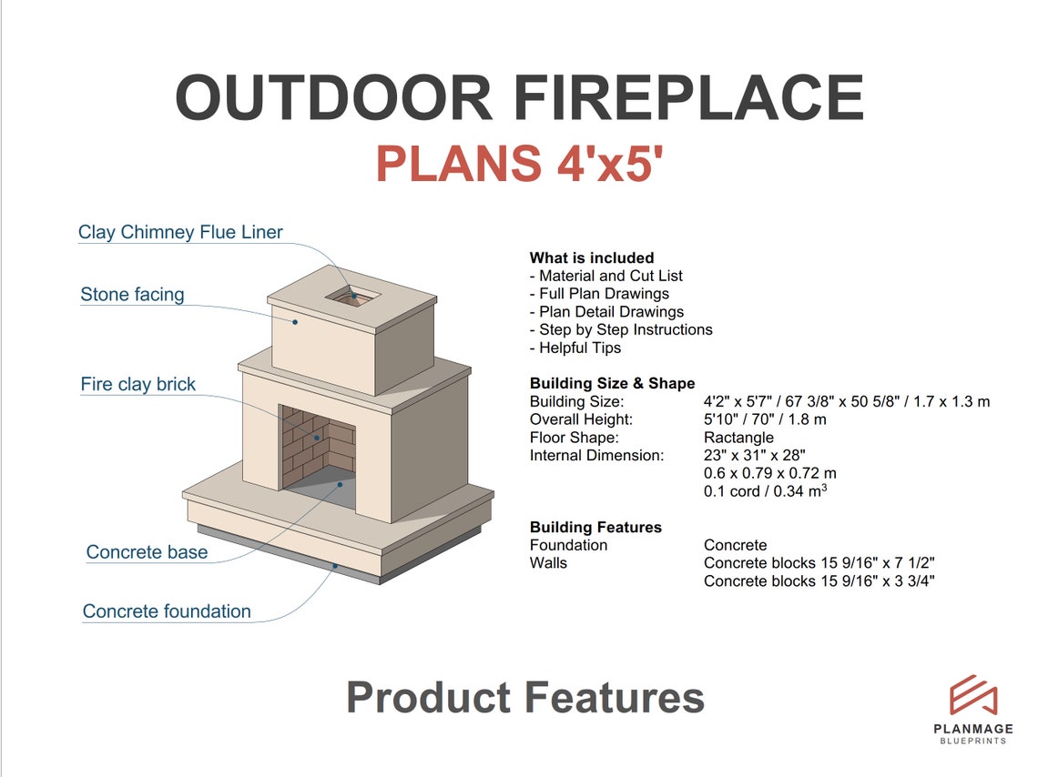 Outdoor Fireplace Plans 4x5 Ft PDF DIY Blueprint - Etsy