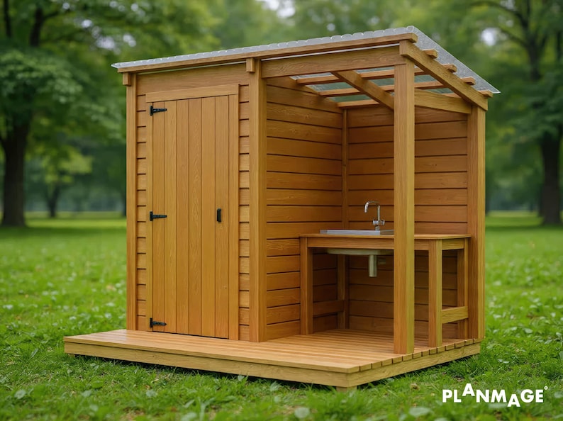Outhouse Plans With Roofed Basin Table – Camping & Off-grid Toilet Shed ...