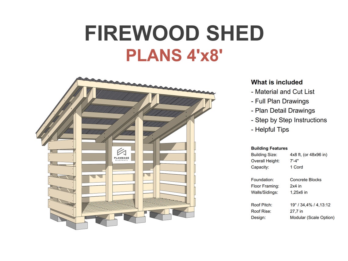 Firewood Shed Plans 4x8 Ft DIY 1 Cord Woodshed - Etsy