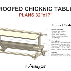 Roofed Chicknic Table 32x17 in Plans - DIY Chicken Picnic Table PDF ...