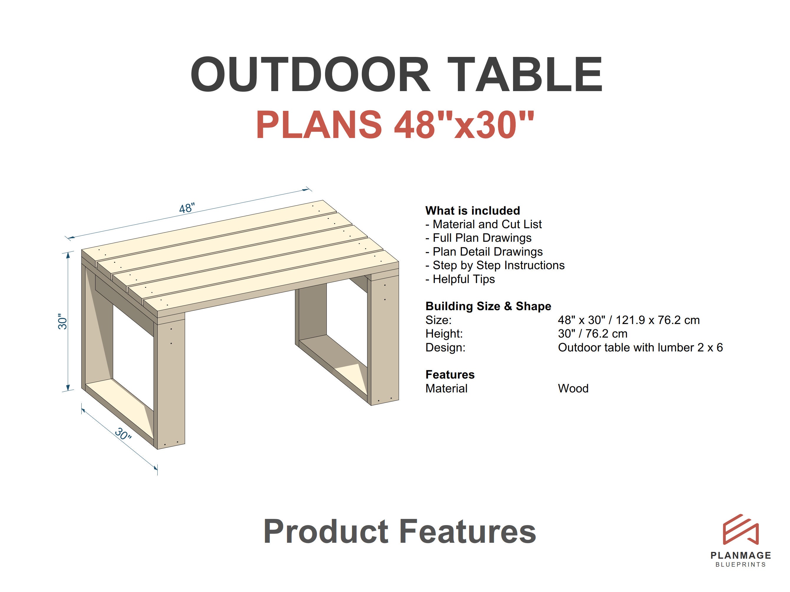 Outdoor Table Plans 48x30 in DIY Picnic Table - Etsy