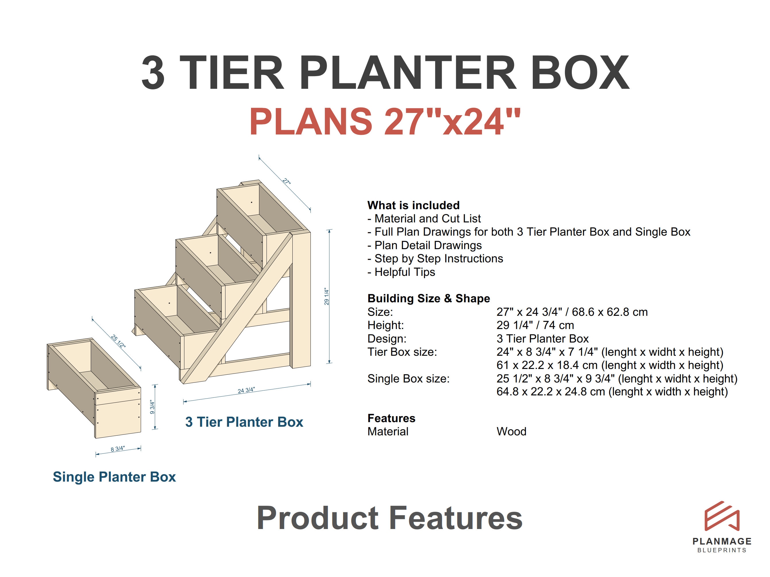 3 Tier Planter Box Plans 27x24 in DIY Garden Planter Box - Etsy