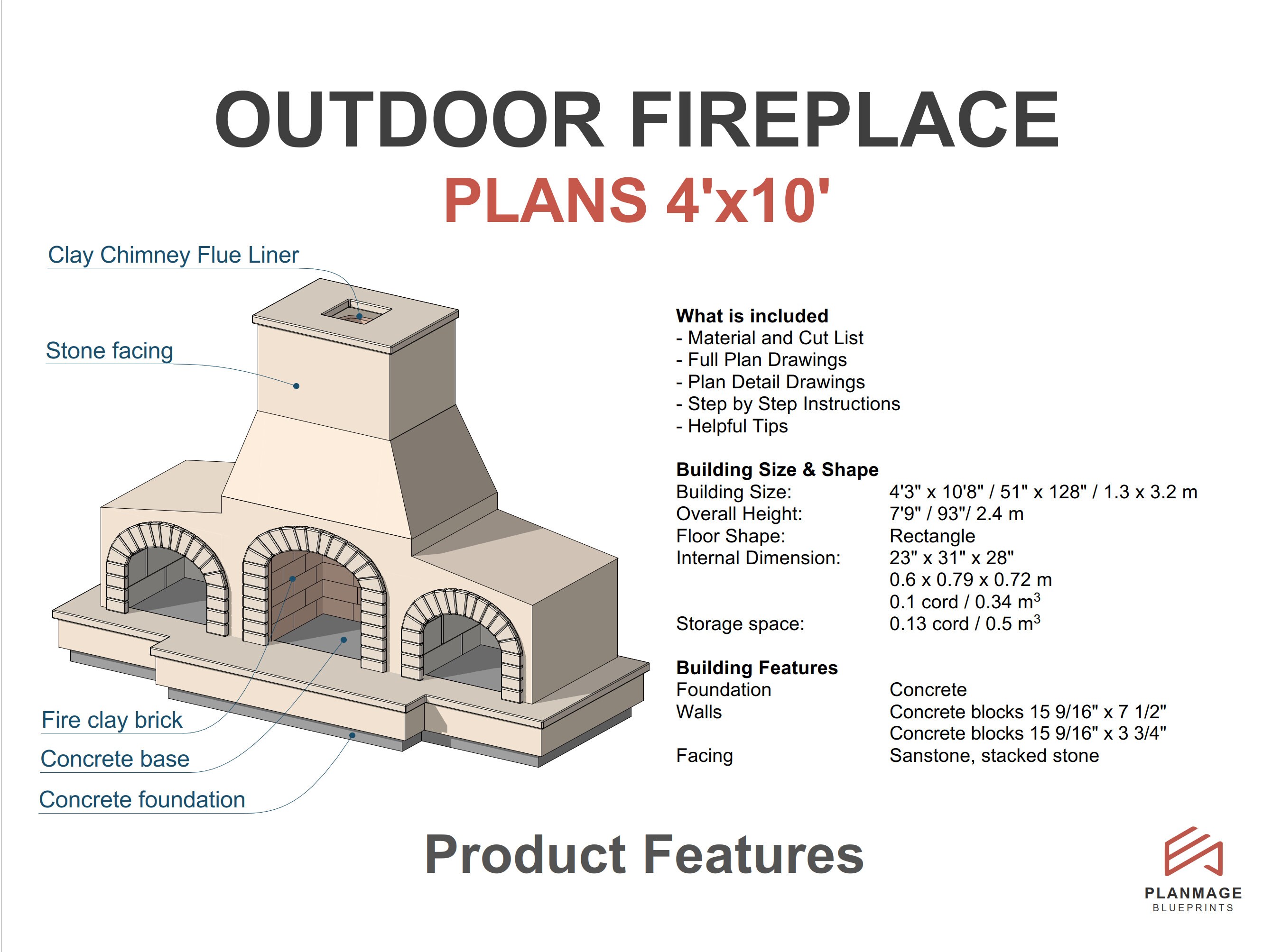 Outdoor Fireplace Plans 4x10 Ft PDF DIY Blueprint (Download Now) - Etsy