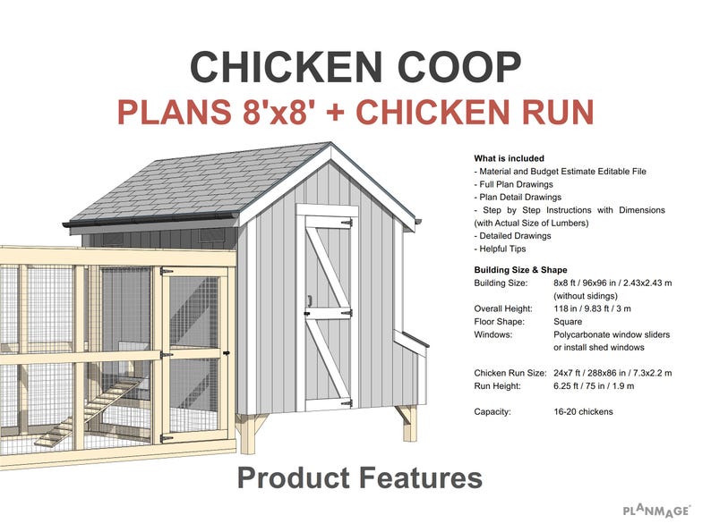 Chicken Coop Plans 20 Chickens Run - 8x8 Ft DIY Woodworking Plans PDF ...