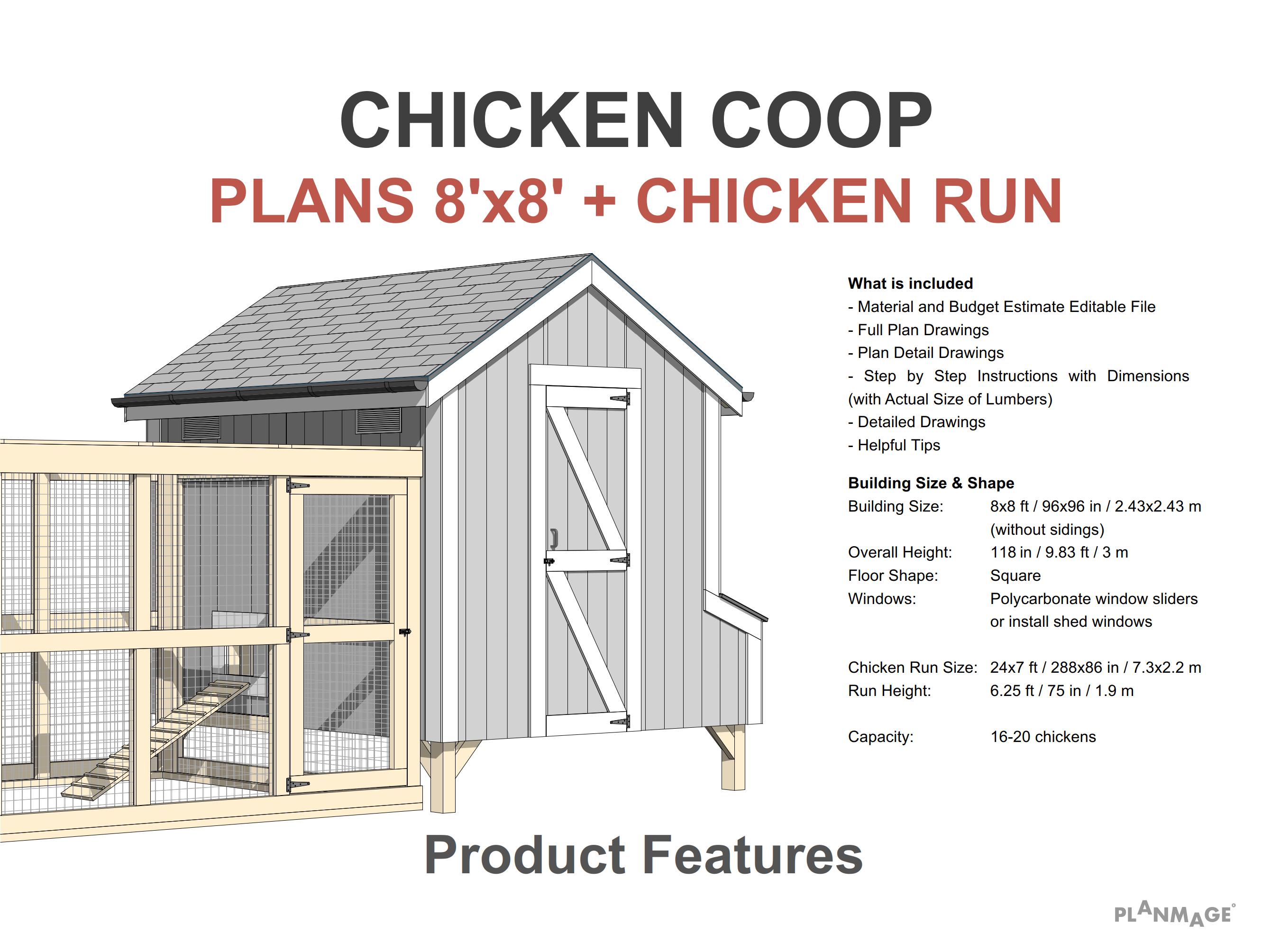 Chicken Coop Plans 20 Chickens Run - 8x8 Ft DIY Woodworking Plans PDF ...