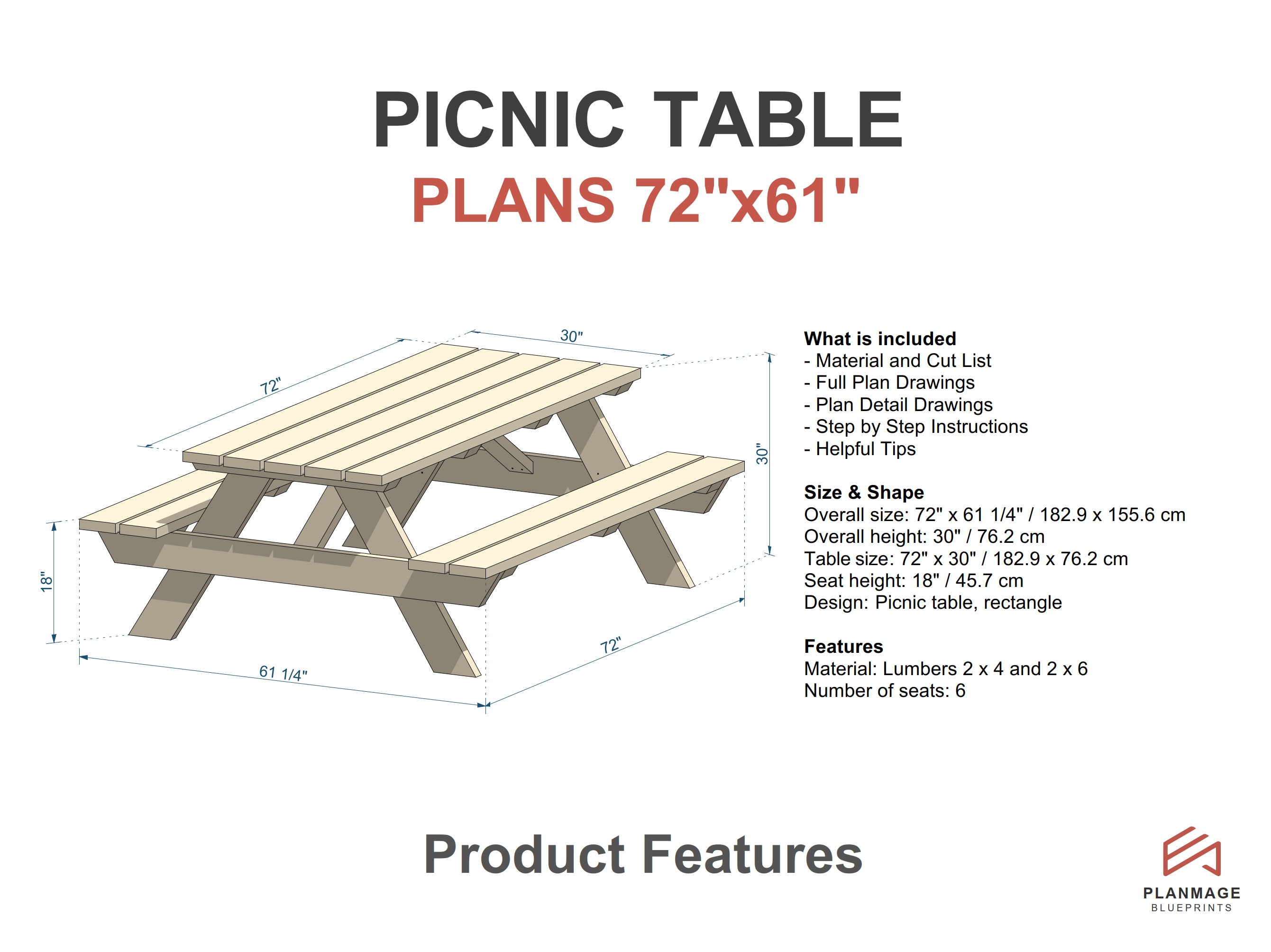 Picnic Table Plans 72x61 in DIY 6 Ft Outdoor Table Set Plans - Etsy