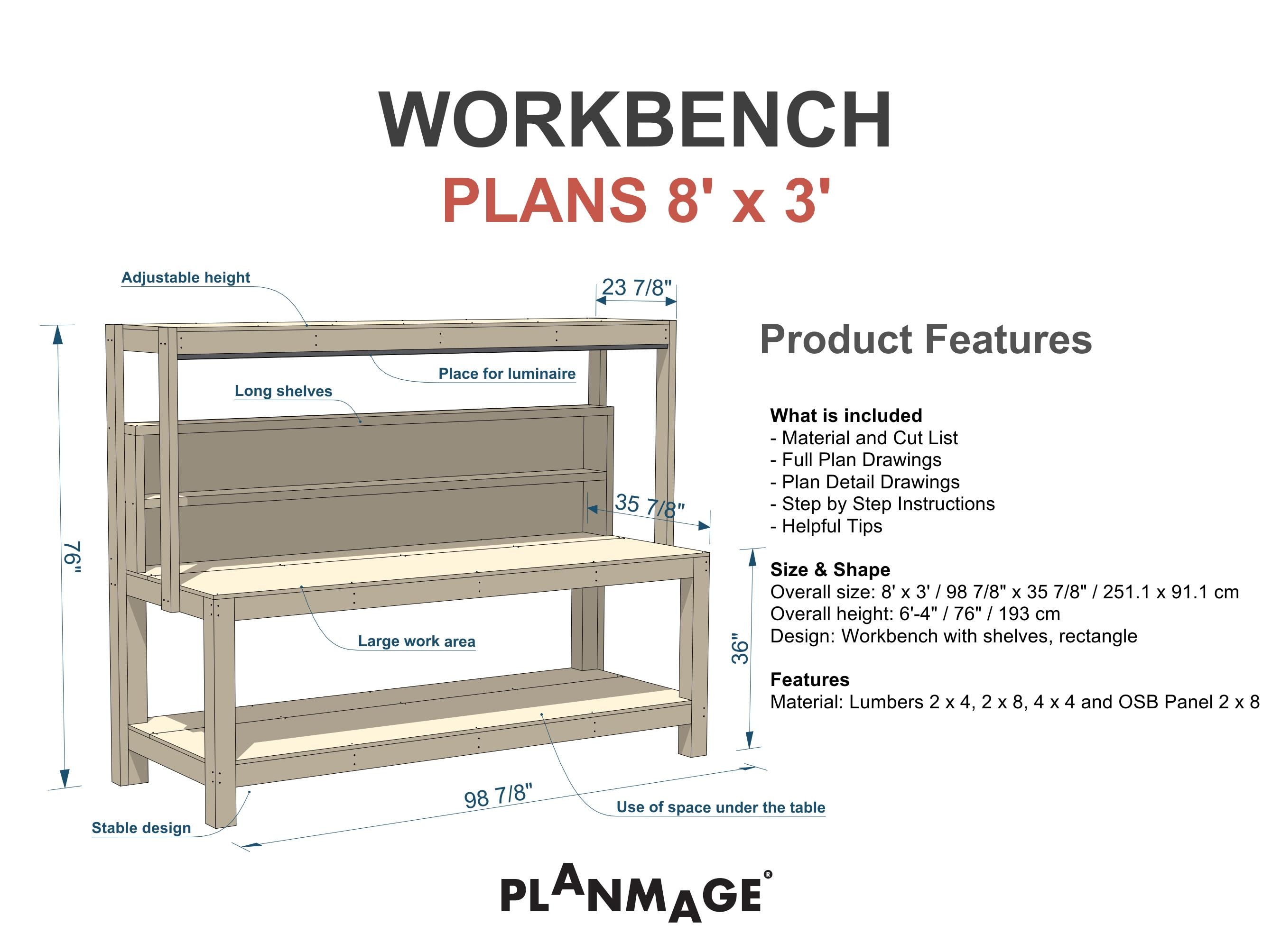Large Workbench Plans 8x3 Ft With Shelves - DIY Digital Download - Etsy