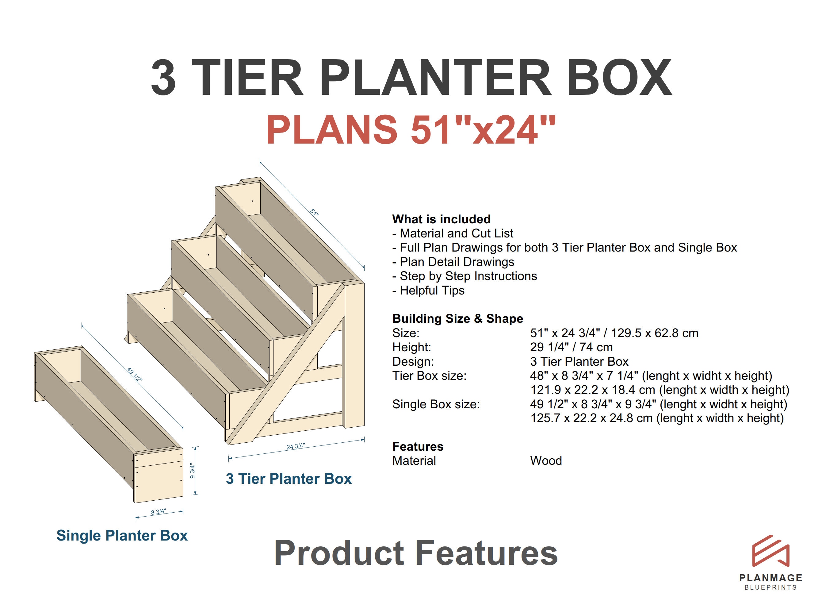 3 Tier Planter Box Plans 51x24 in DIY Garden Planter Box - Etsy