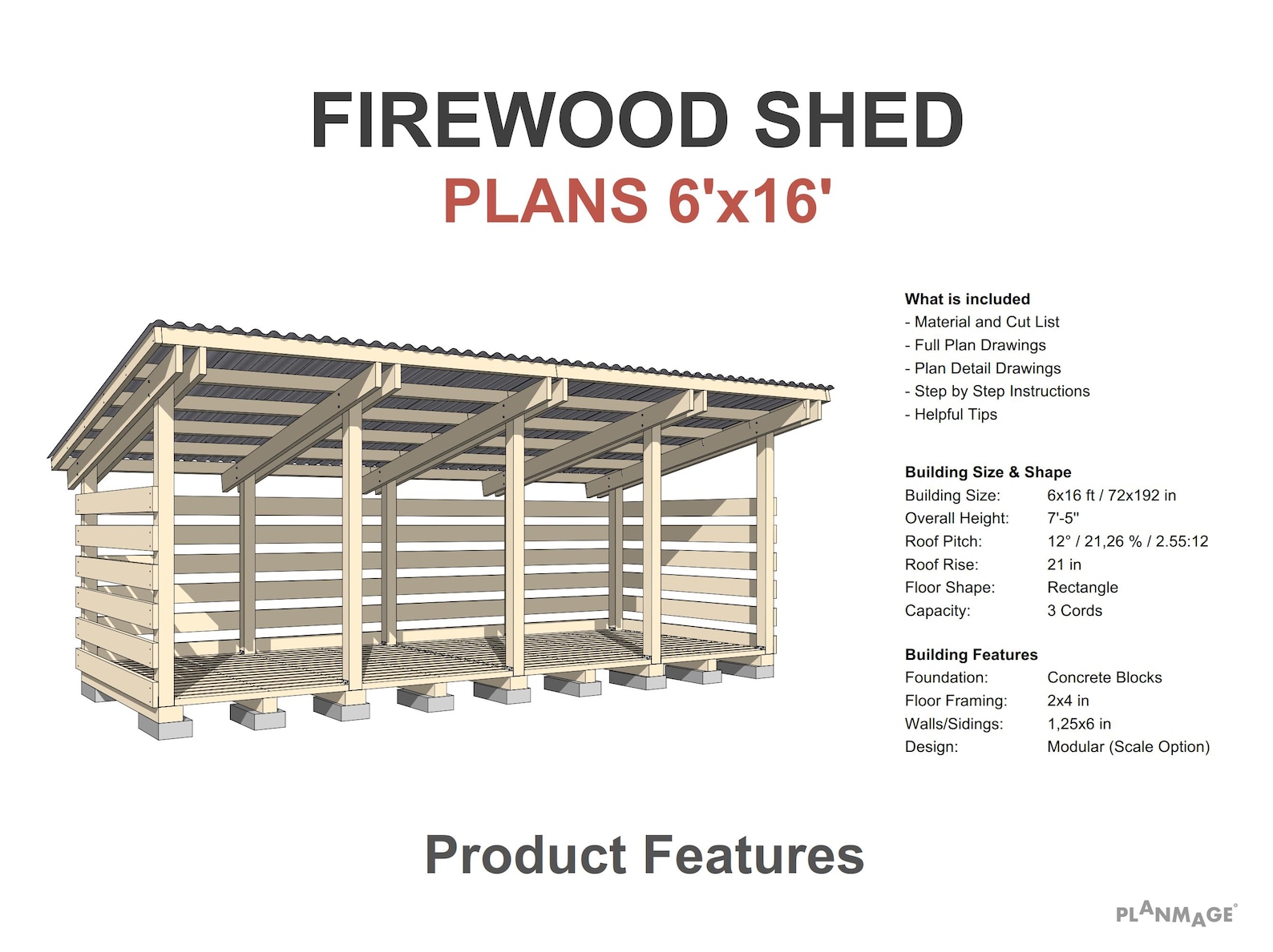 Firewood Shed Plans 6x16 Ft - DIY 3 Cord Woodshed - Etsy