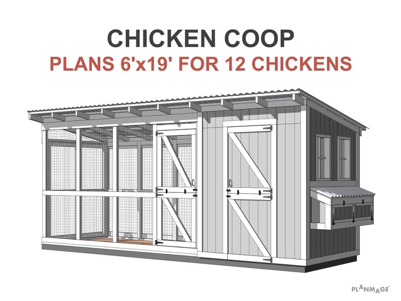 Walk-in Chicken Coop Plans 6x19 for 12 Chickens - Pen Plans PDF Digital ...