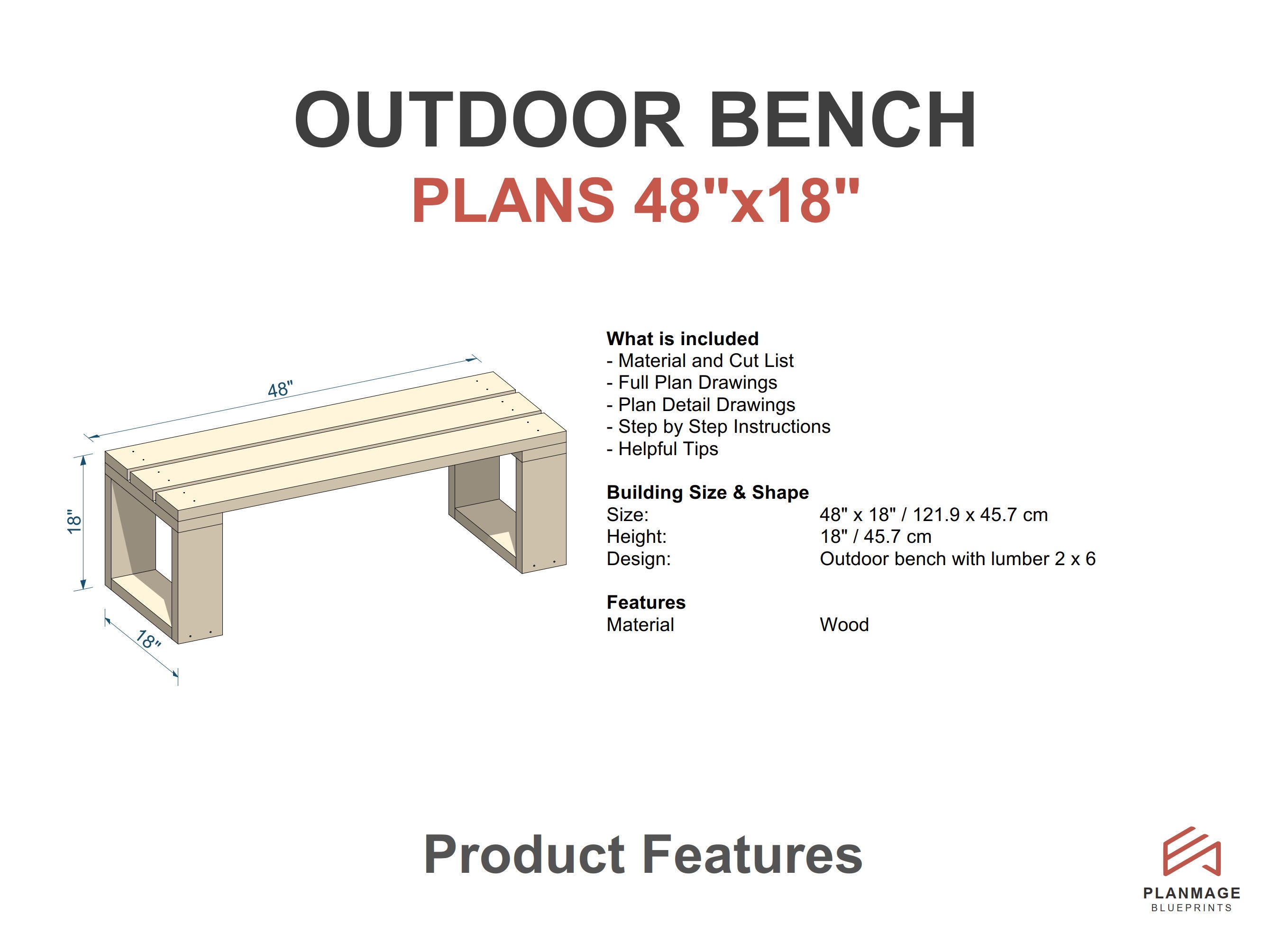 Outdoor Bench Plans 48x18 in DIY Garden Bench - Etsy
